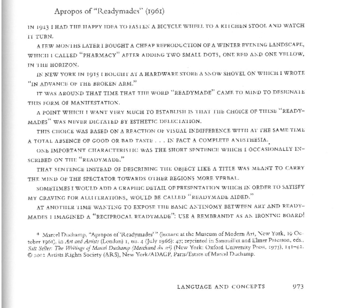 Apropos of Readymades - Duchamp - Apropos of (1961) IN 1913 I HAD THE ...
