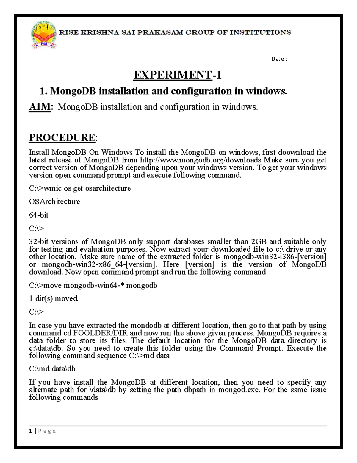 Mdb manual 1 - Mongo db material - EXPERIMENT- 1. MongoDB installation and configuration in ...