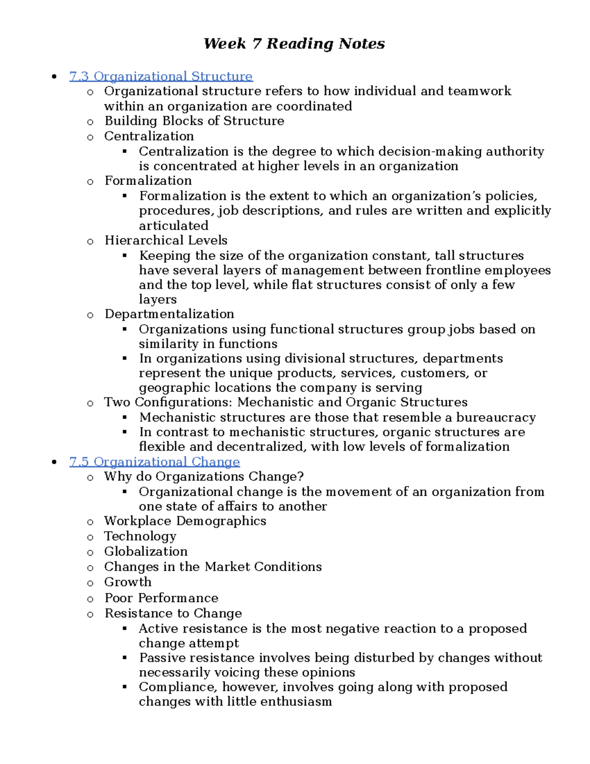 Week 7 Reading Notes - Week 7 Reading Notes 7 Organizational Structure ...