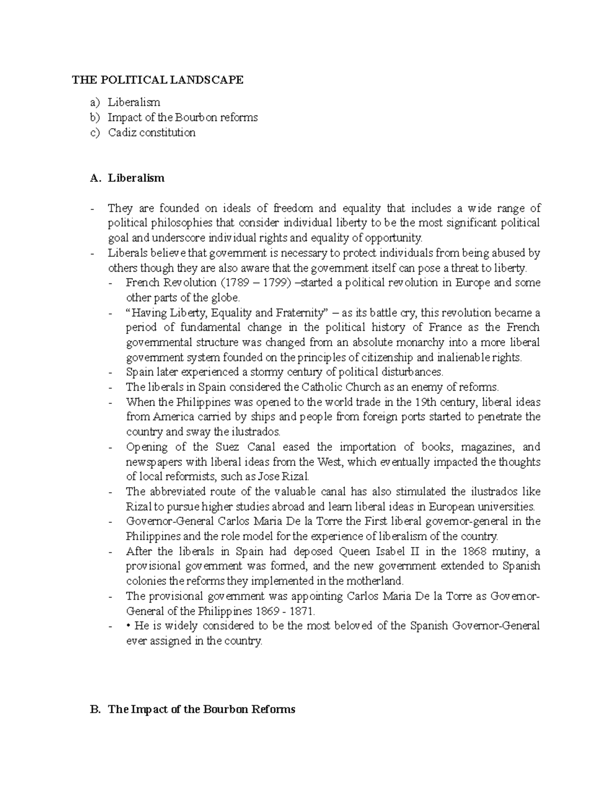 THE Political Landscape - THE POLITICAL LANDSCAPE a) Liberalism b ...