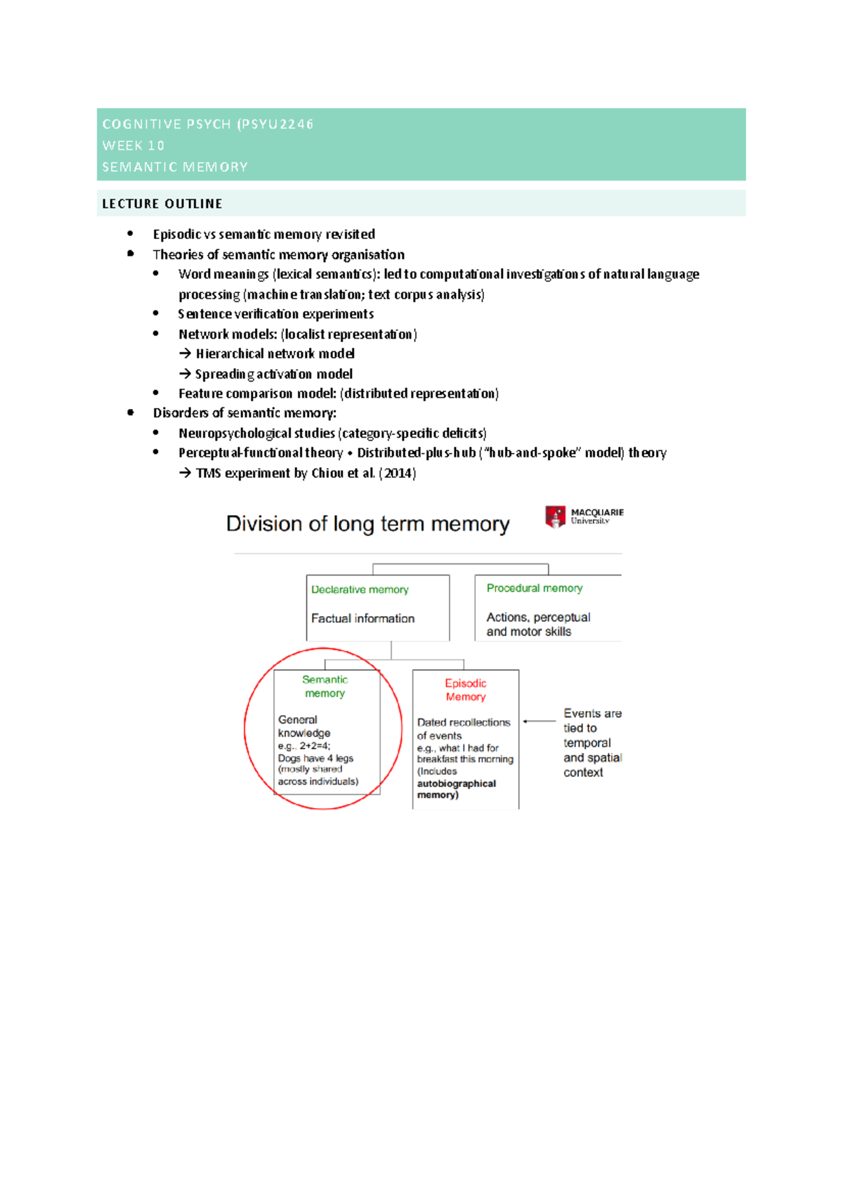 Week 10 Semantic memory - COGNITIVE PSYCH (PSYU WEEK 10 SEMANTIC MEMORY LECTURE OUTLINE Episodic ...