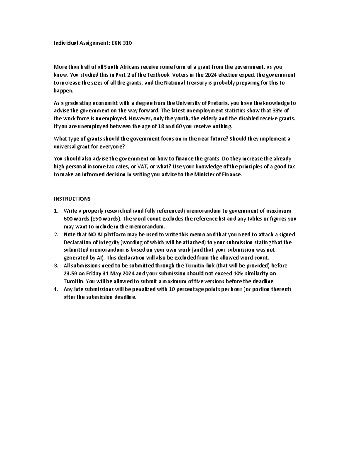 EKN Individual Assignment 2024 - Individual Assignment: EKN 310 More than half of all South ...