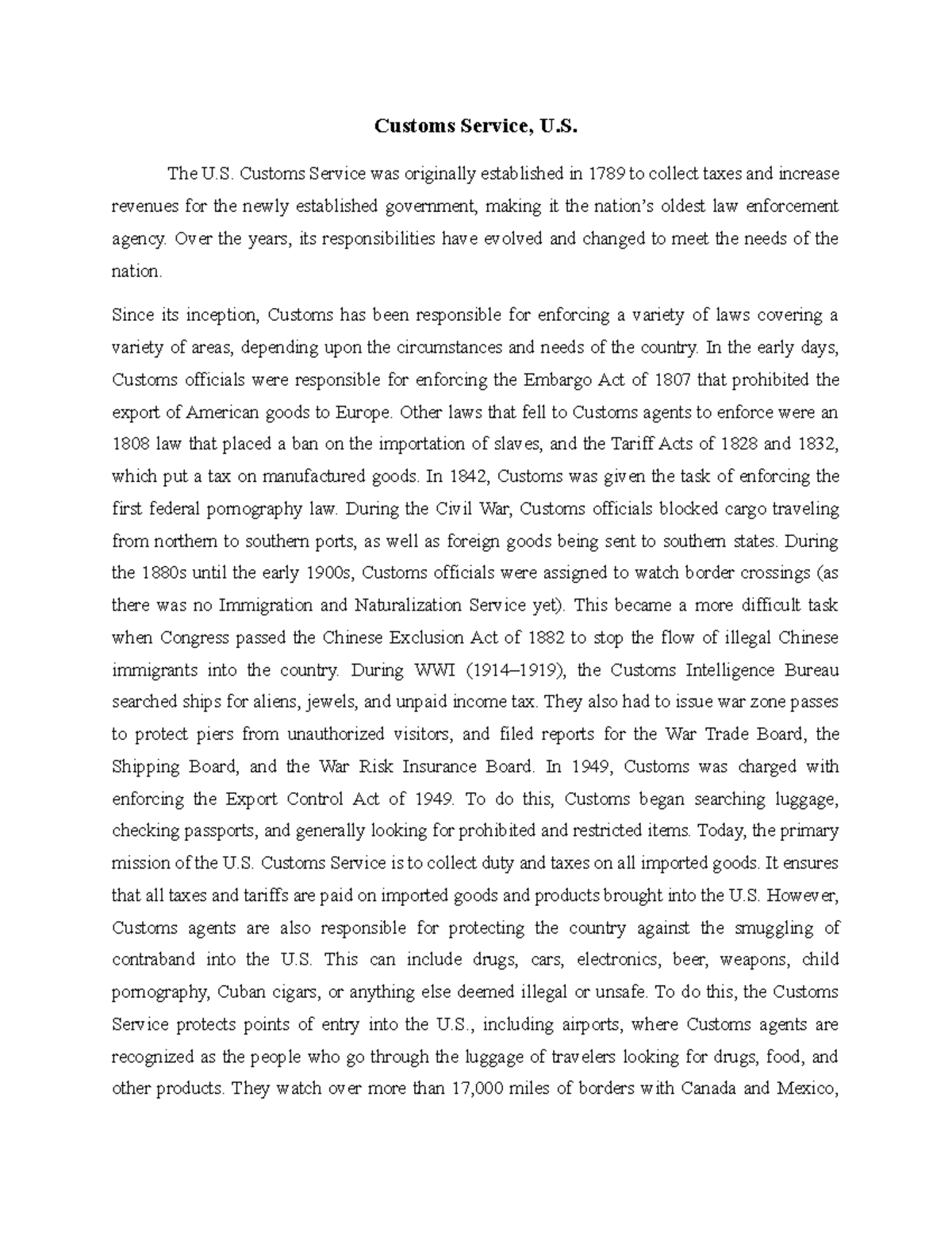 Customs Service, U.S - The U. Customs Service was originally ...