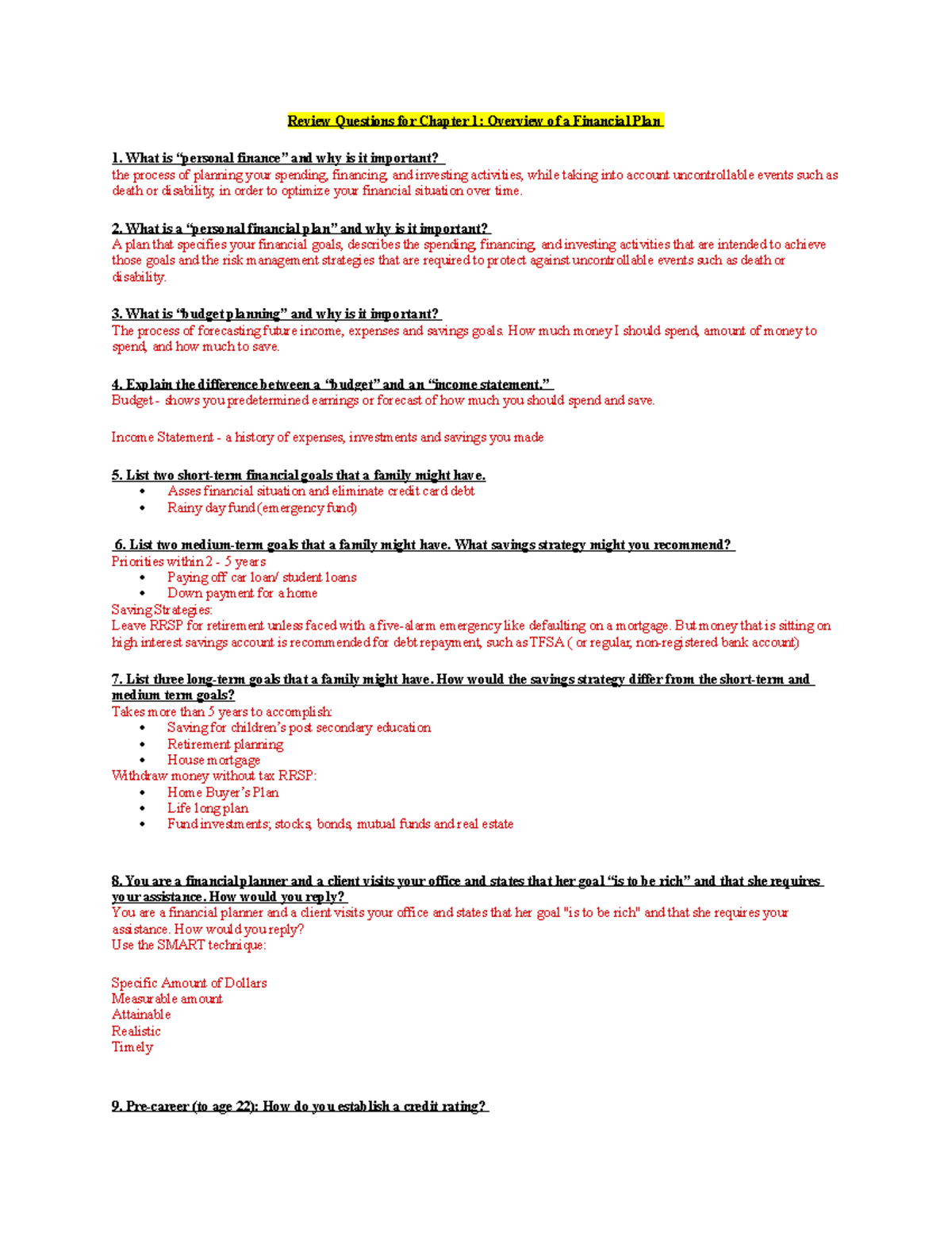 Review Questions for Chapter 1 - What is a “personal financial plan ...