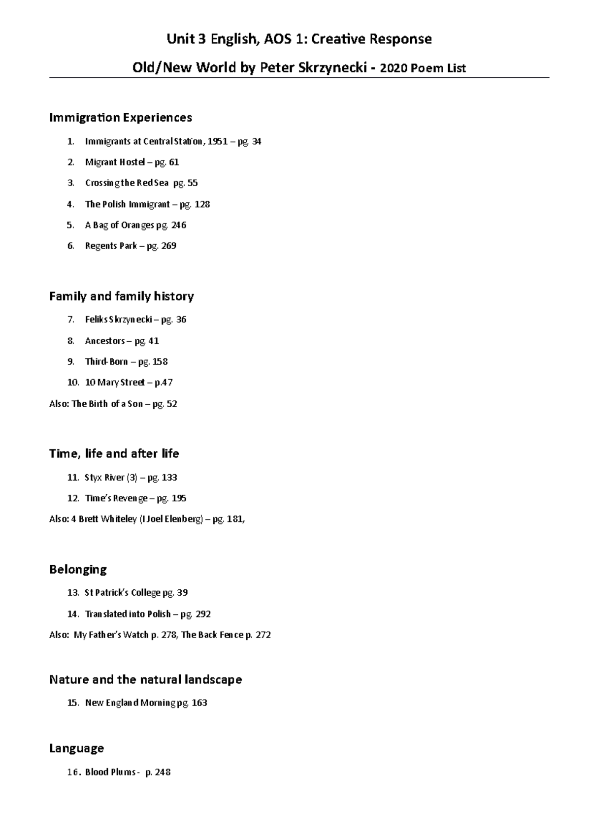 2020 Poem List for english work - Unit 3 English, AOS 1: Creative ...