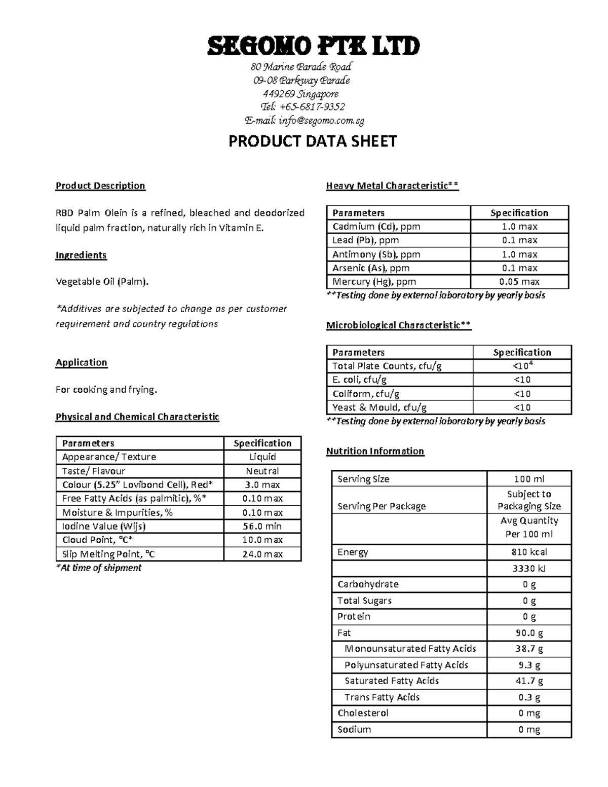 RBD Palm Olein CP10 Fino Data Sheet - SEGOMO PTE LTD 80 Marine Parade ...