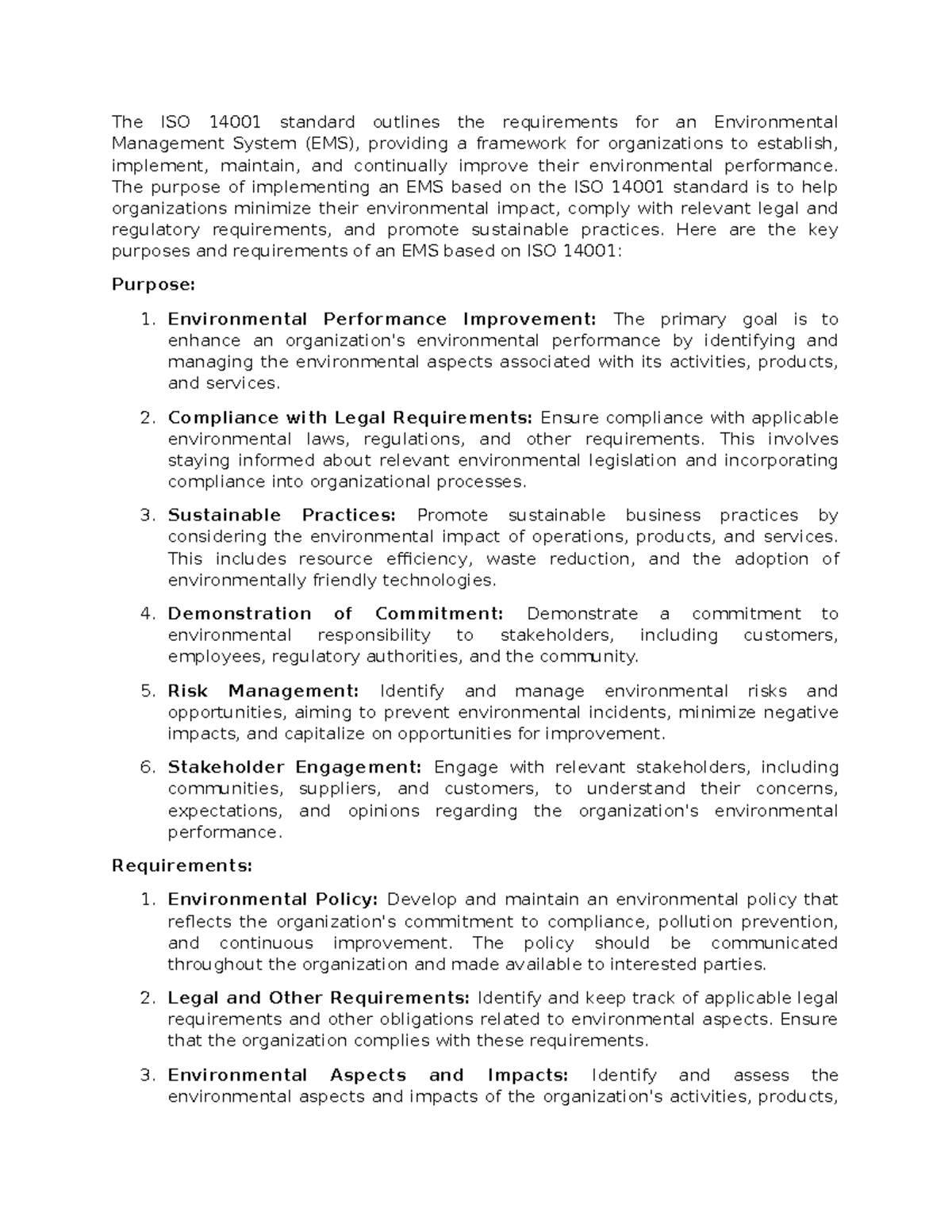 ISO 14001 summary - The ISO 14001 standard outlines the requirements ...