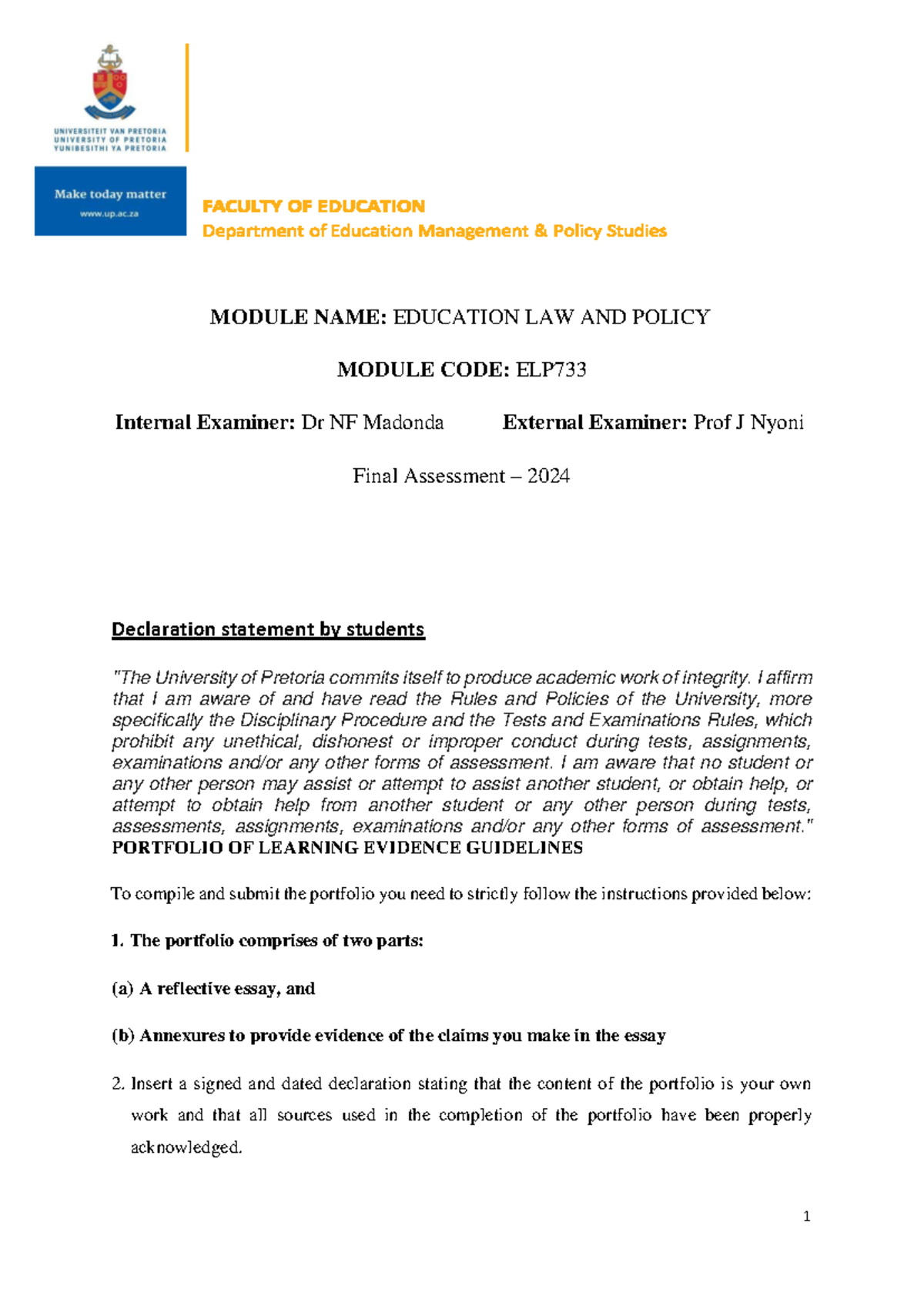 Assignment 3 Portfolio of Learning Evidence ELP733 - 1 MODULE NAME: EDUCATION LAW AND POLICY ...