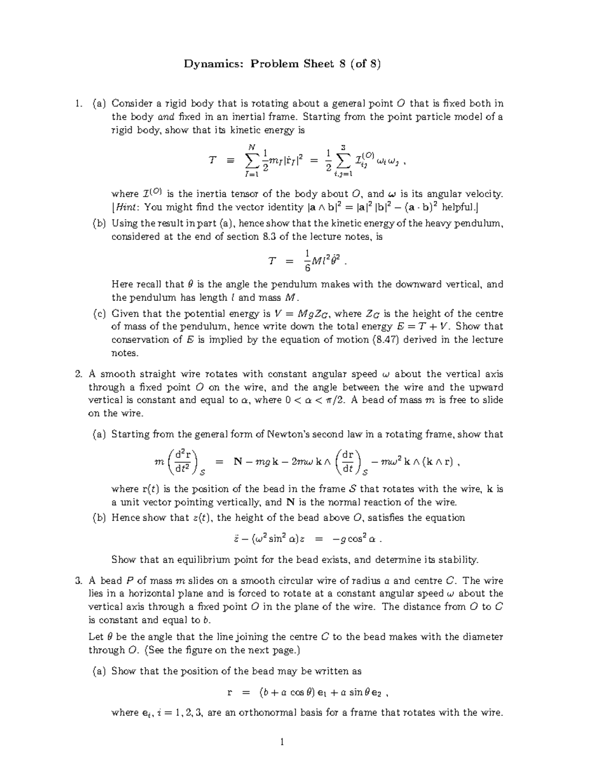 Dynamicsproblems 8 Dynamics Problem Sheet 8 Of 8 Dynamics