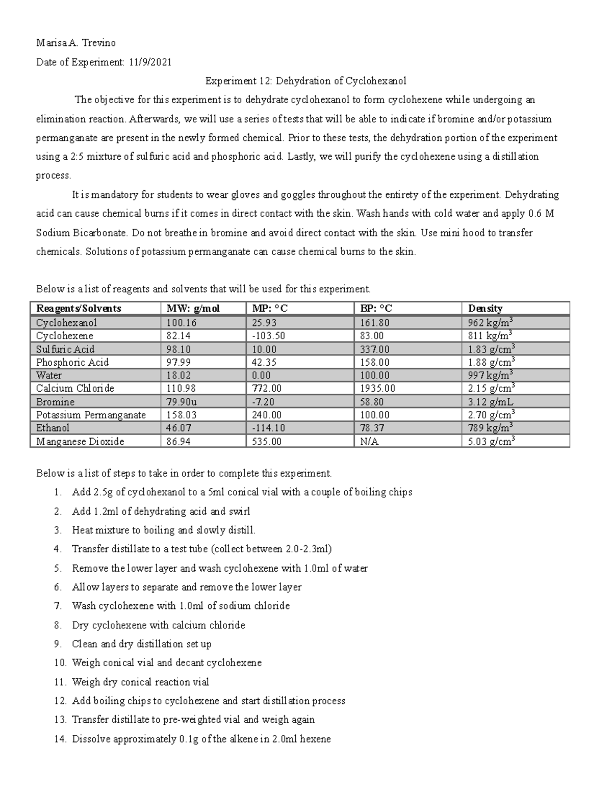 Chem 237 Exp 12 Results and Discussion - Marisa A. Trevino Date of ...