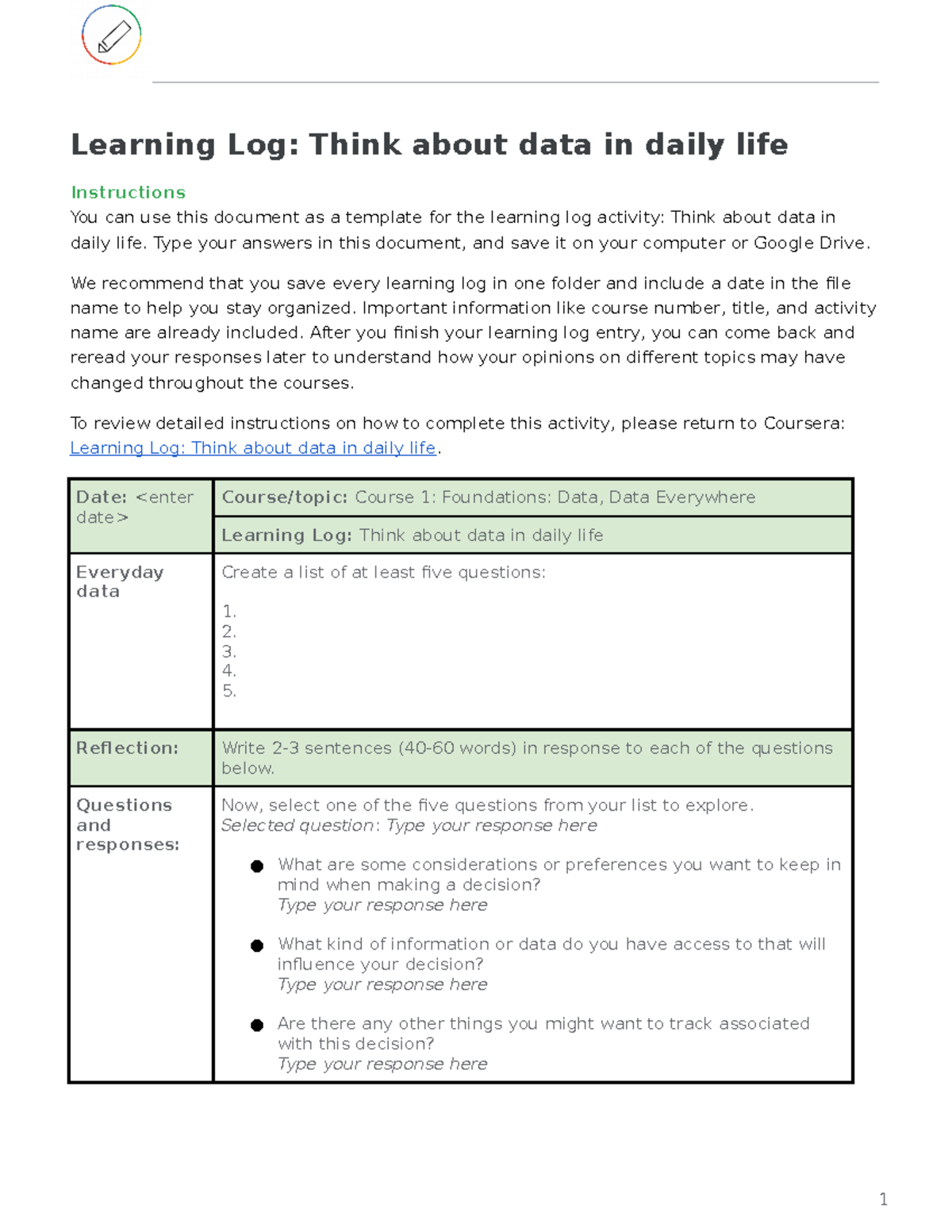 Learning Log W01 - - Studocu