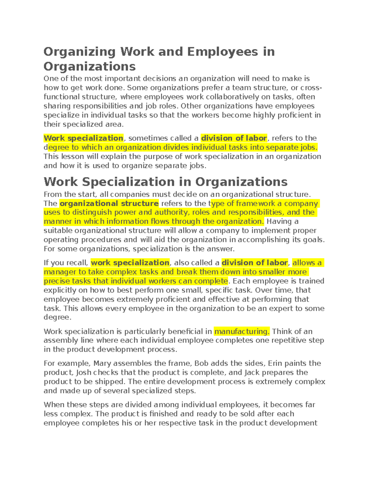Chapter 5 - Notes - Organizing Work and Employees in Organizations One ...