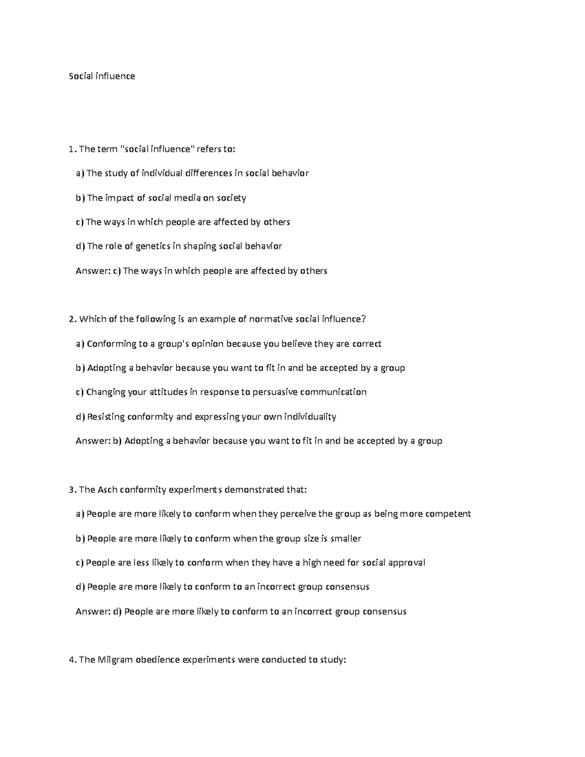 Social influence - Multiple Choice Questions and Answers - Social ...