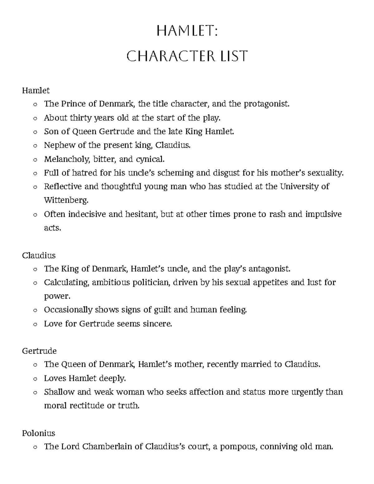 Hamlet Character Descriptions HAMLET CHARACTER LiST Hamlet The