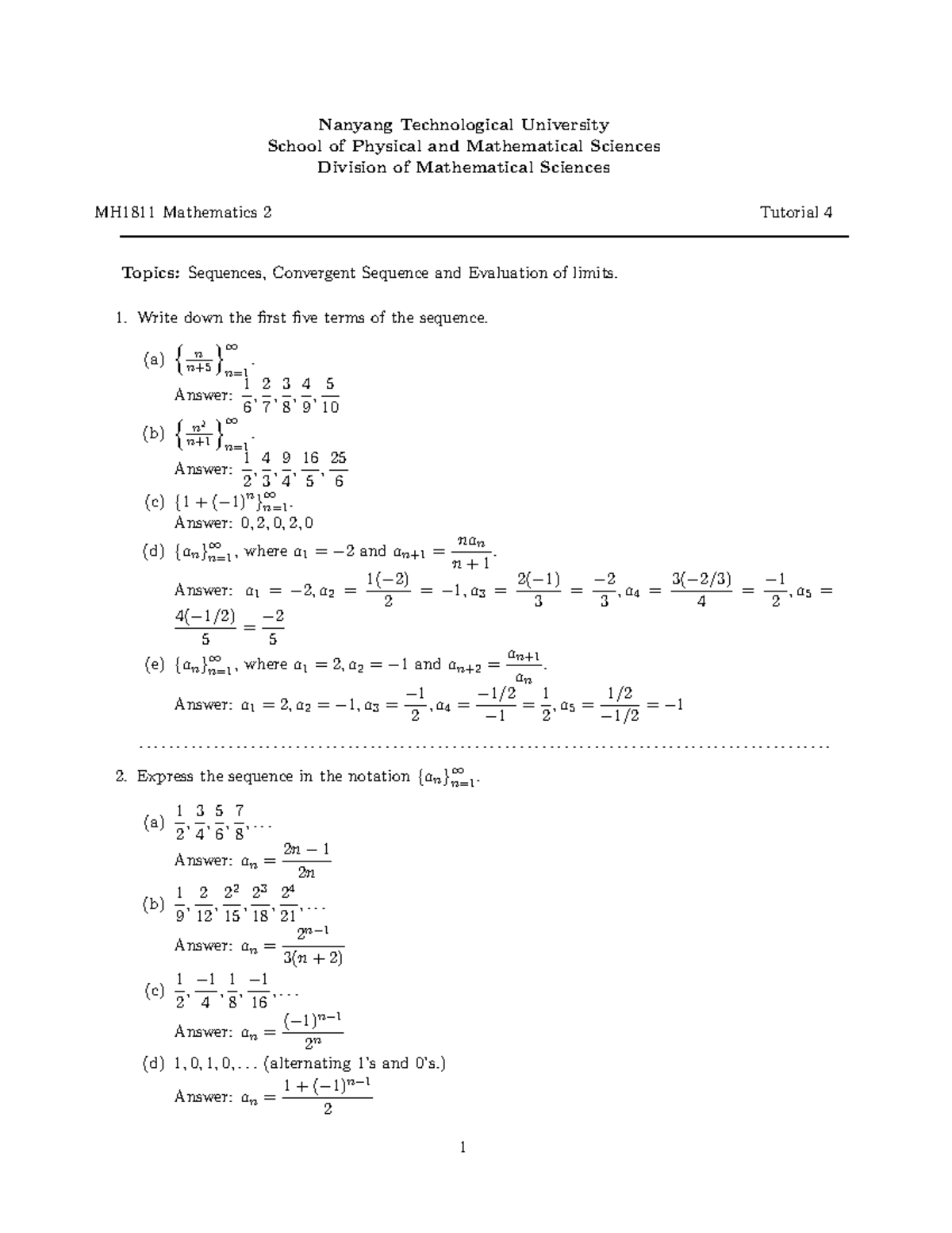 MH1811 Tutorial 4 Sequences Soln - Nanyang Technological University School of Physical and - Studocu