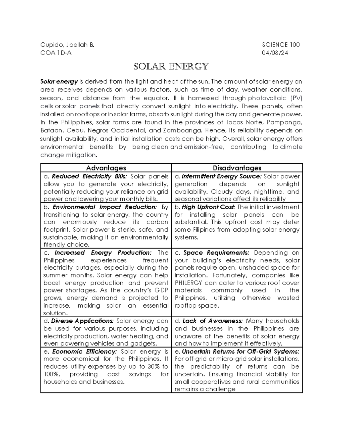 SCI Solar- Enrgy - example - Cupido, Joellah B. SCIENCE 100 COA 1D-A 04 ...