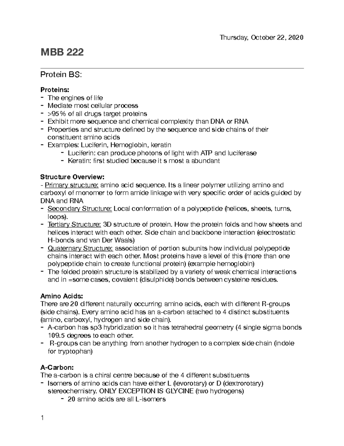 MBB 222 Exam 2 Notes - MBB 222 Protein BS: Proteins: - The engines of ...