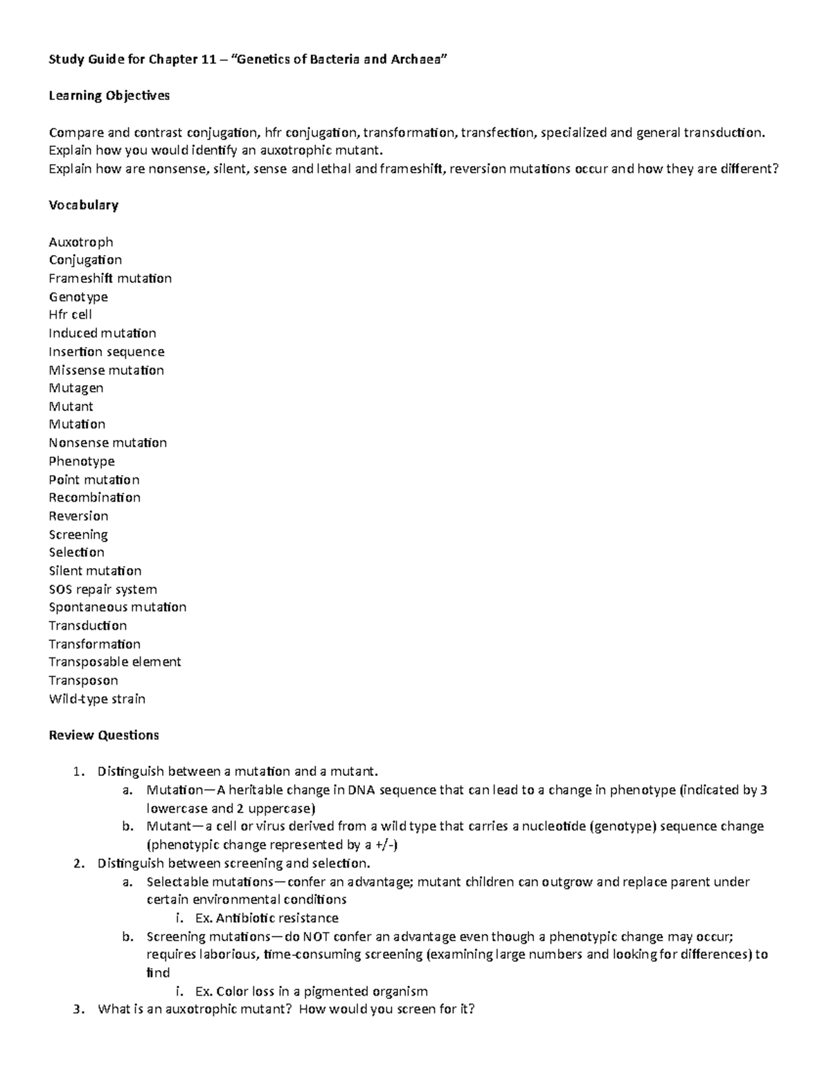 Chapter 11 Study Guide - Study Guide for Chapter 11 of Bacteria and ...