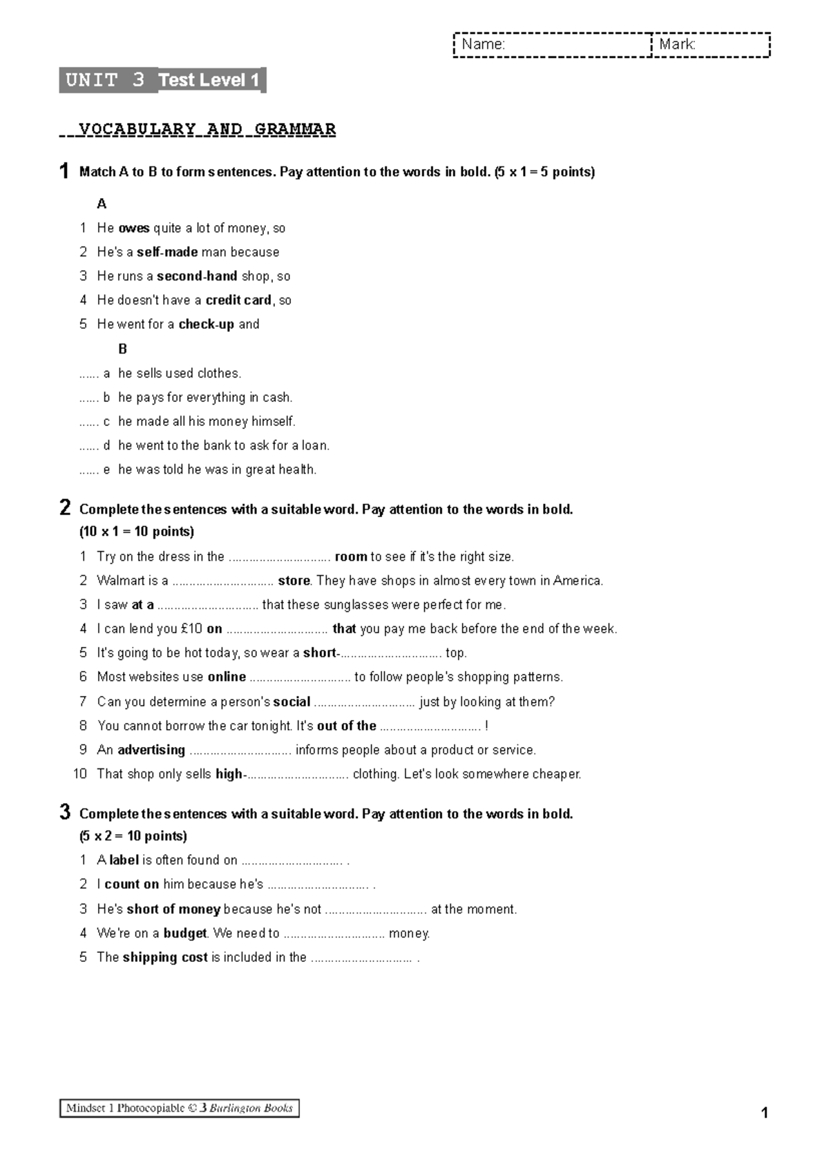 01Mindset 1 Unit3 Test Vocabulary Grammar - UNIT 3 Test Level 1 ...