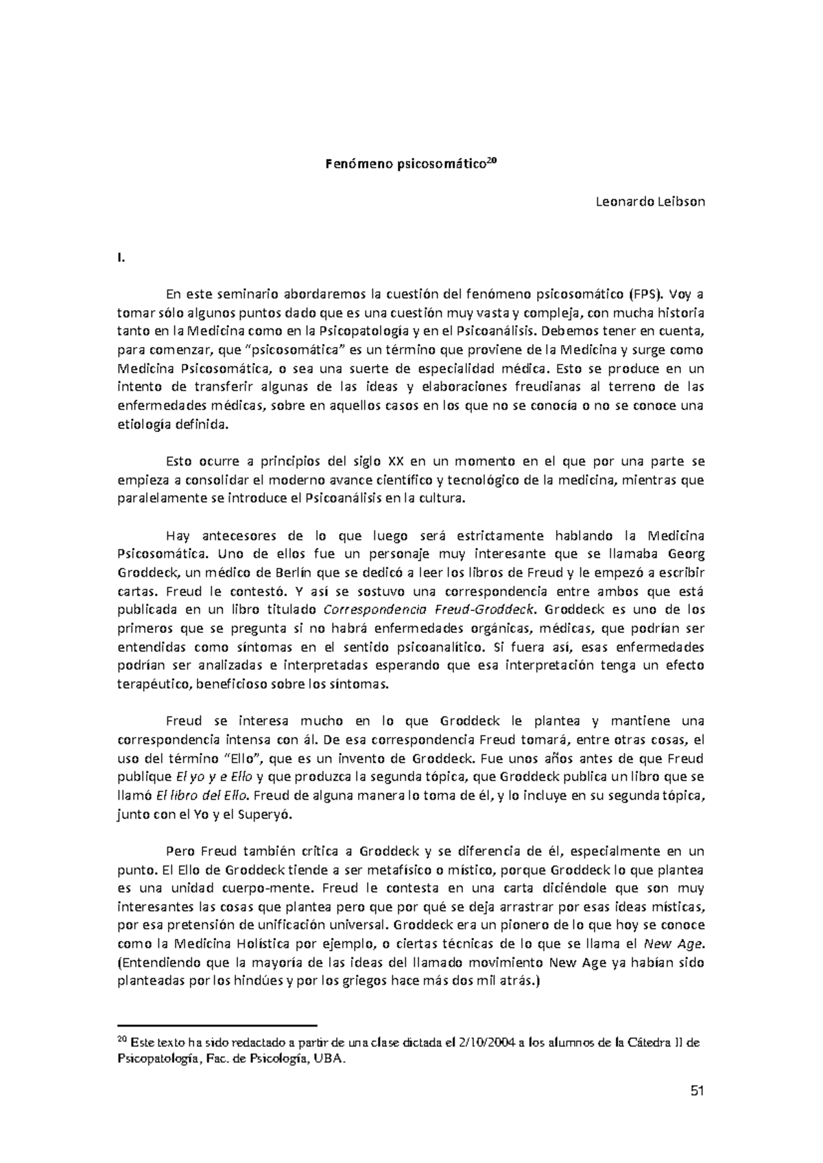 Leibson L - Fenómeno psicosomático [Ficha de la cátedra] - Fenómeno ...