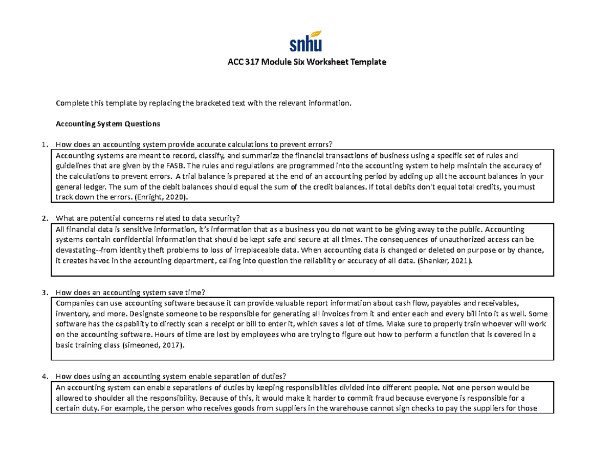 ACC 317 Module Six Worksheet - Accounting System Questions How does an ...