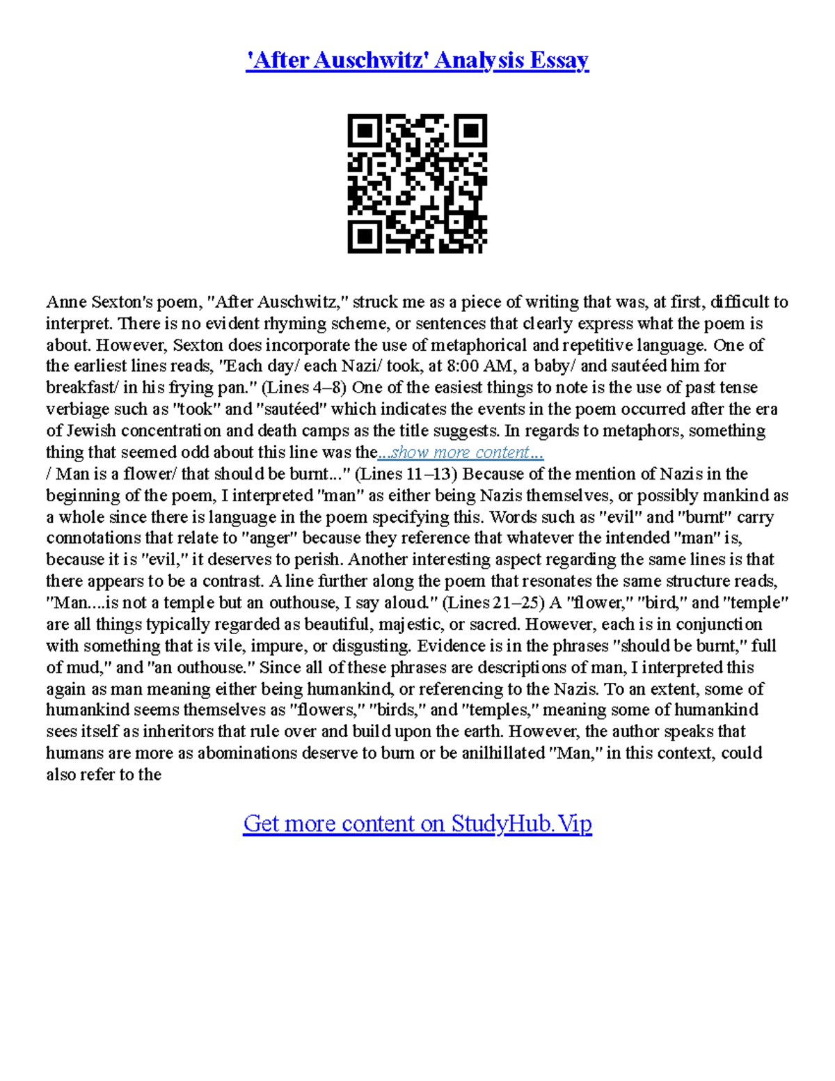 Example Of Poem Analysis Essay - 'After Auschwitz' Analysis Essay Anne ...