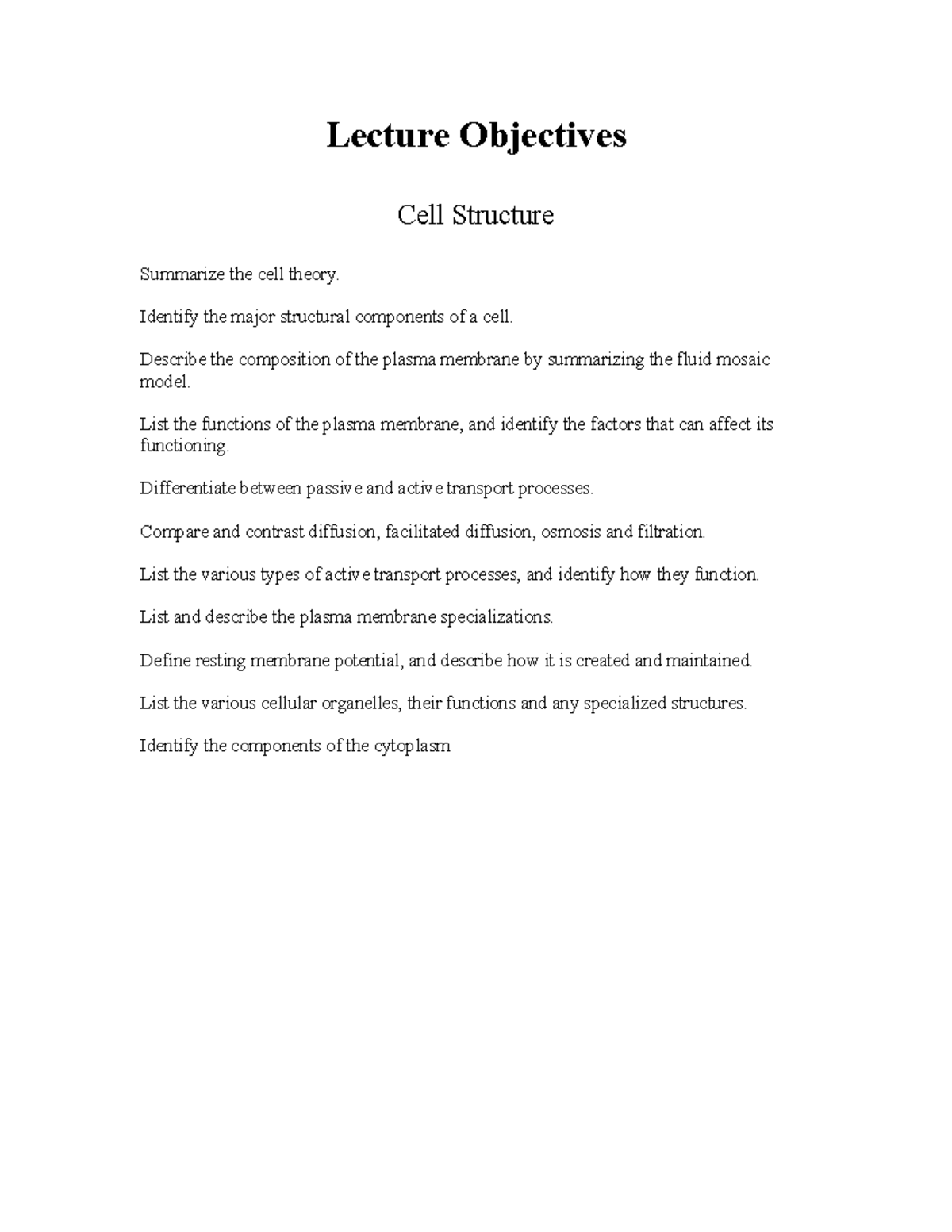 Cell1 Obj Ap1 Cell Notes Lecture Objectives Cell Structure Summarize The Cell Theory