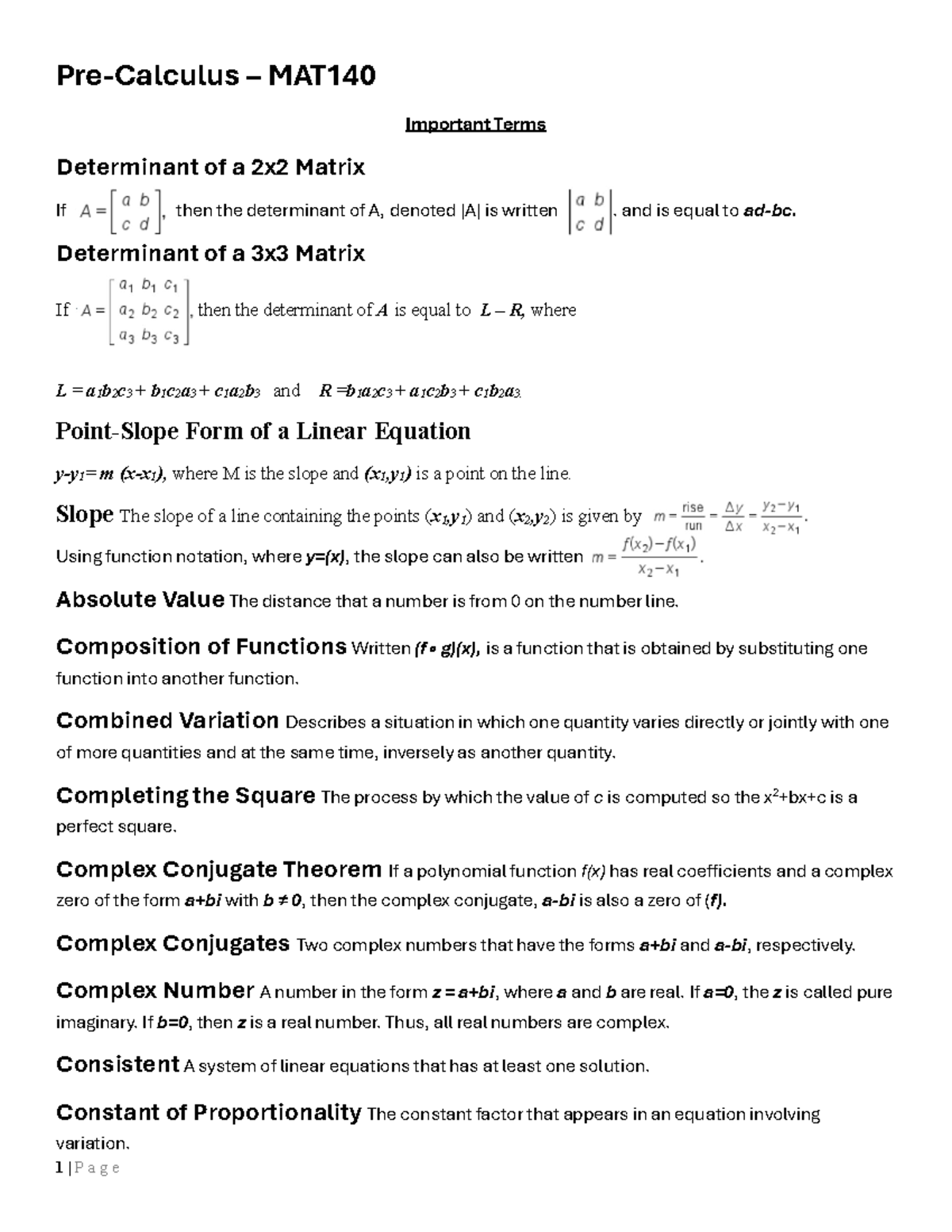 Pre-Calculus - Important Terms Notes - Copy - Pre-Calculus – MAT ...