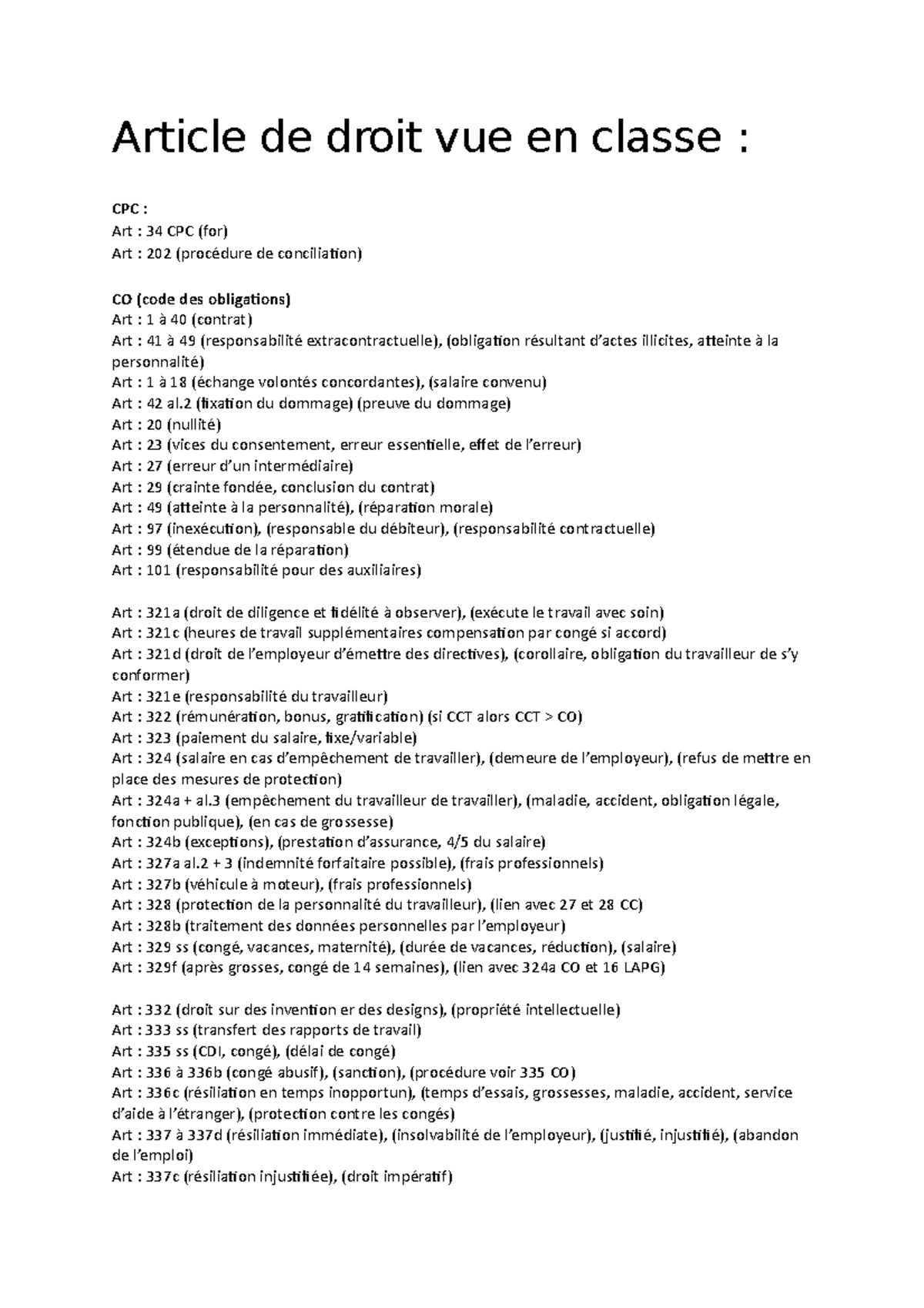 Article de droit du travail - Article de droit vue en classe : CPC : Art : 34 CPC (for) Art ...