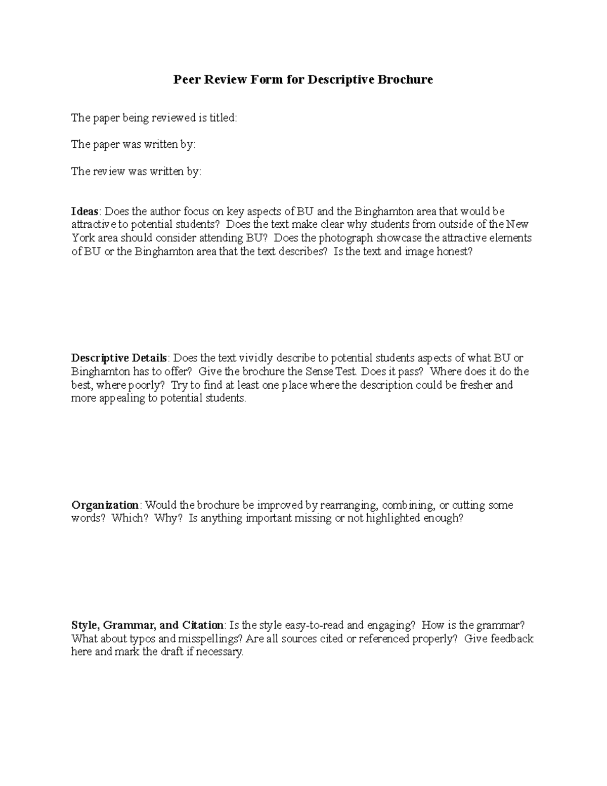 Descriptive Brochure Peer Review for Writing - Peer Review Form for ...