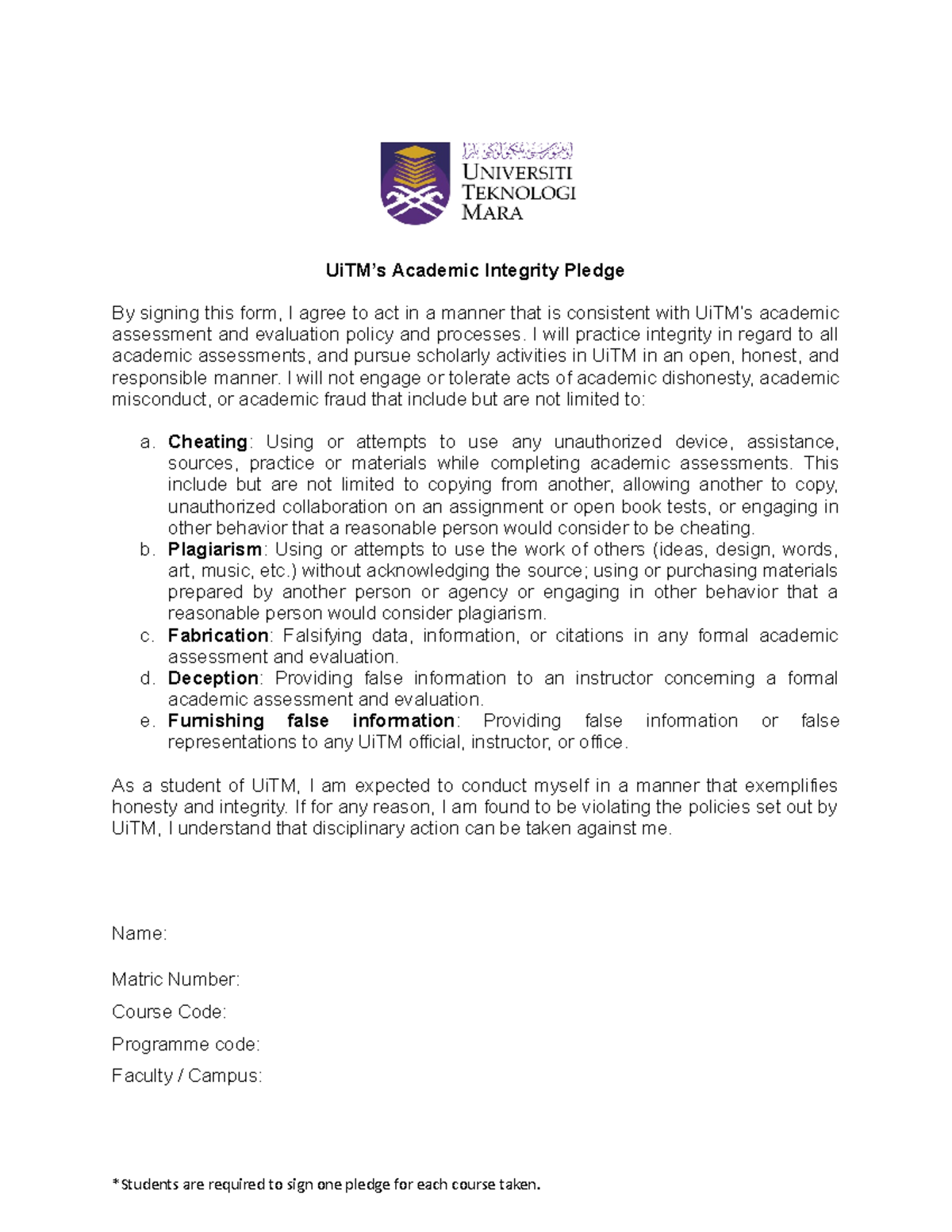 Ikrar Integriti Pelajar 2 - UiTM’s Academic Integrity Pledge By signing ...