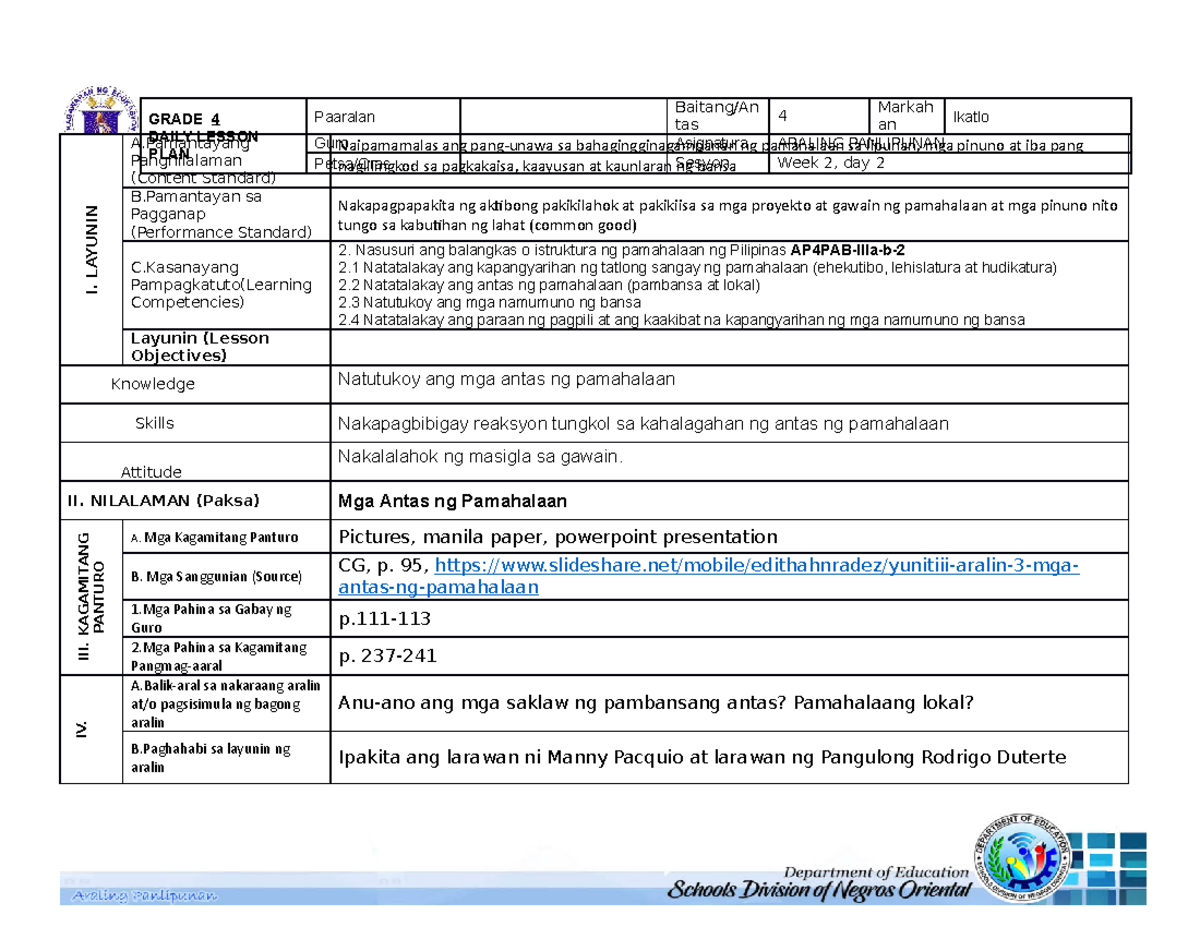 AP4 3rd Q sesyon 7 - Detailed Lesson Plan - I. LAYUNIN A Pangnilalaman ...
