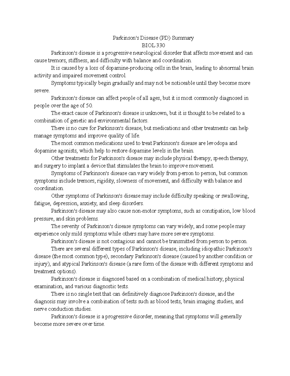 Parkinson's Disease (PD) Summary - It is caused by a loss of dopamine ...