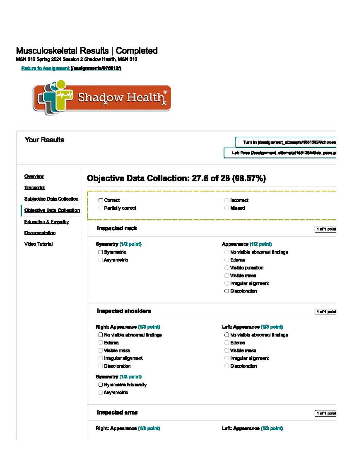 Musculoskeletal Objective - Shadow Health - MSN610 - Studocu