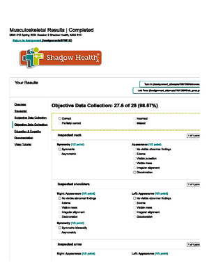 Musculoskeletal Documentation - Shadow Health - MSN610 - Studocu