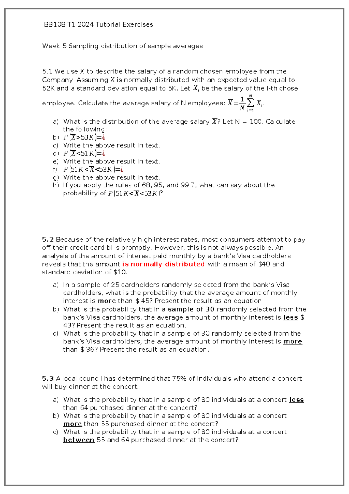 Week 5 tutorial exersices of business stats - BB108 T1 2024 Tutorial Exercises Week 5 Sampling ...