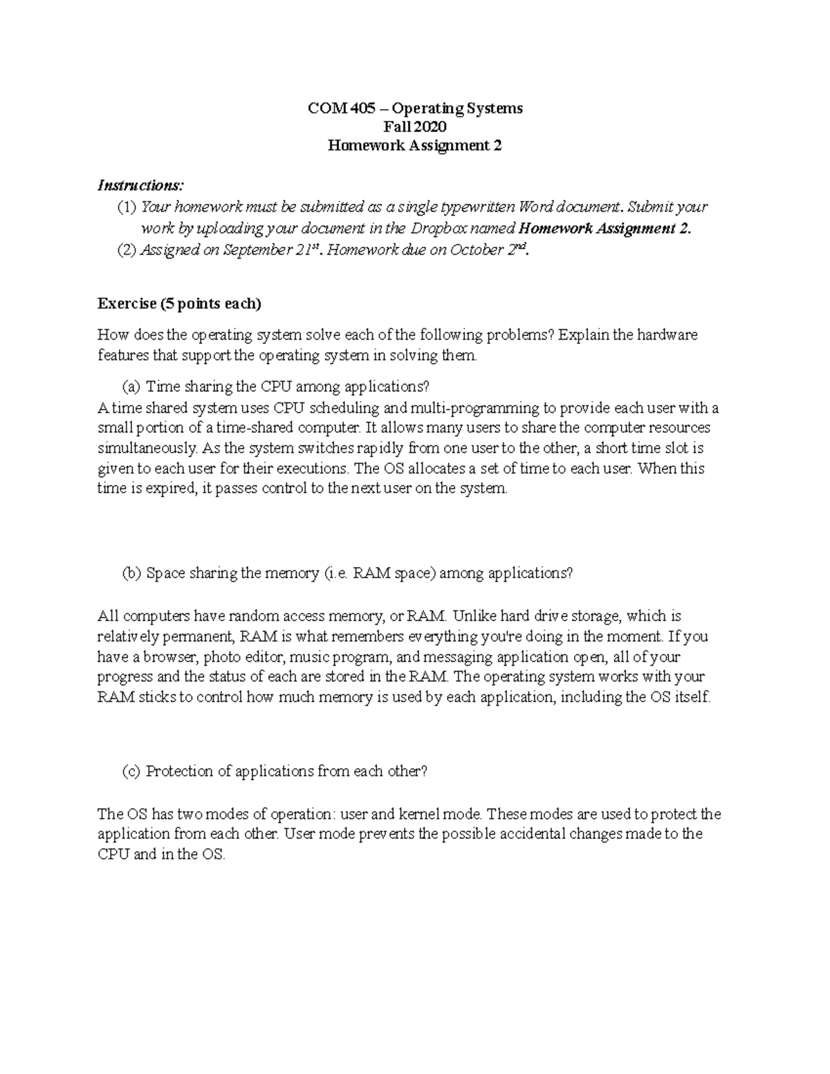 Homework 2 Com 405 Com 405 Operating Systems Fall 2020 Homework Assignment 2 Instructions