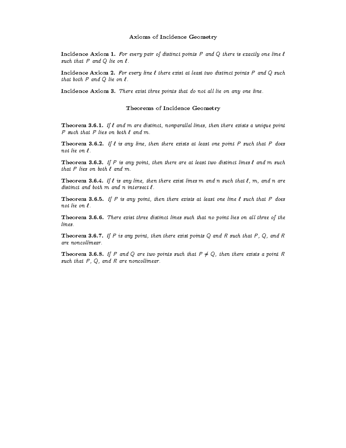 Theorems-incidence - Incidence geometry - Axioms of Incidence Geometry Incidence Axiom 1. For ...