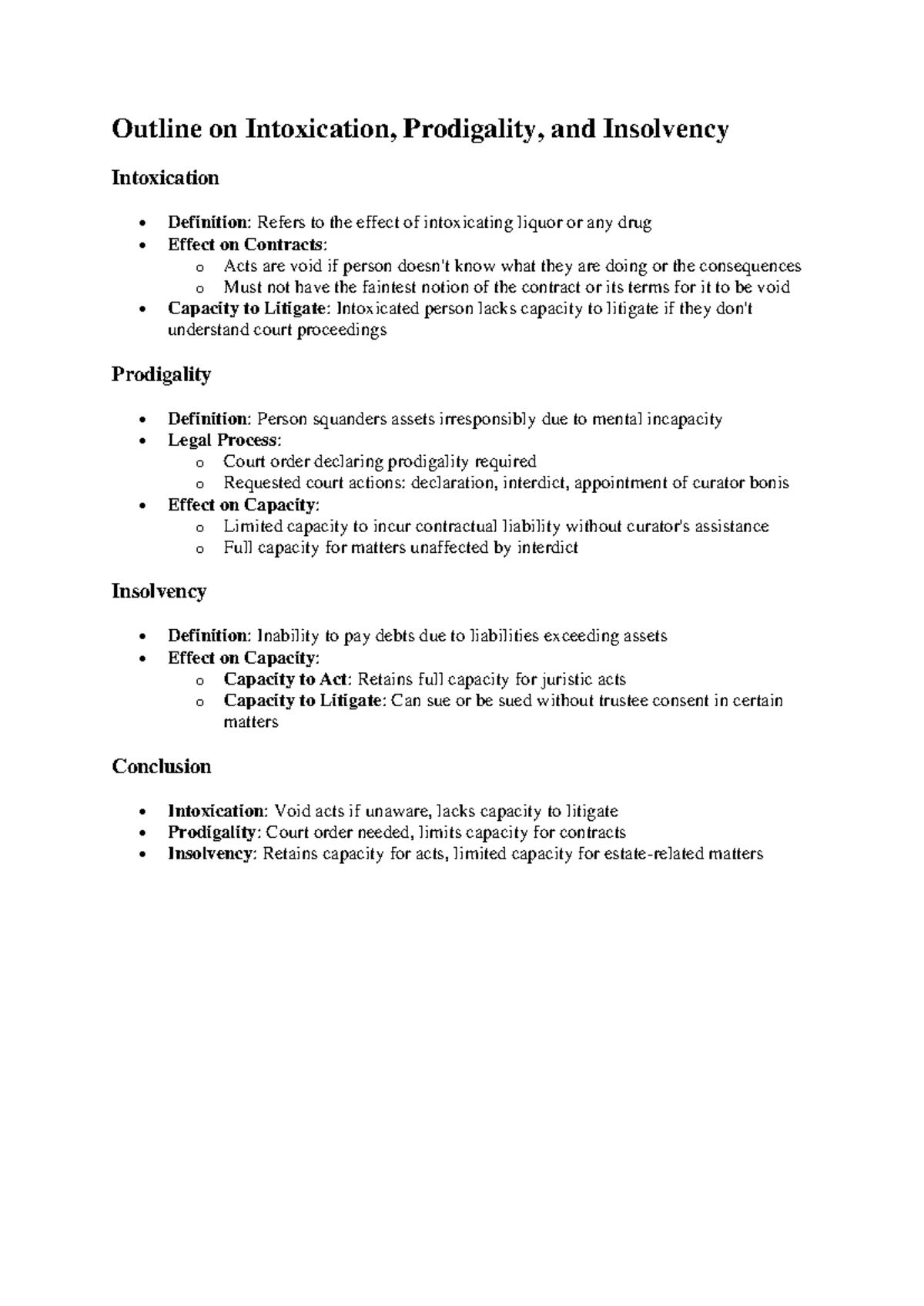 Outline on Intoxication, Prodigality, and Insolvency - Outline on ...