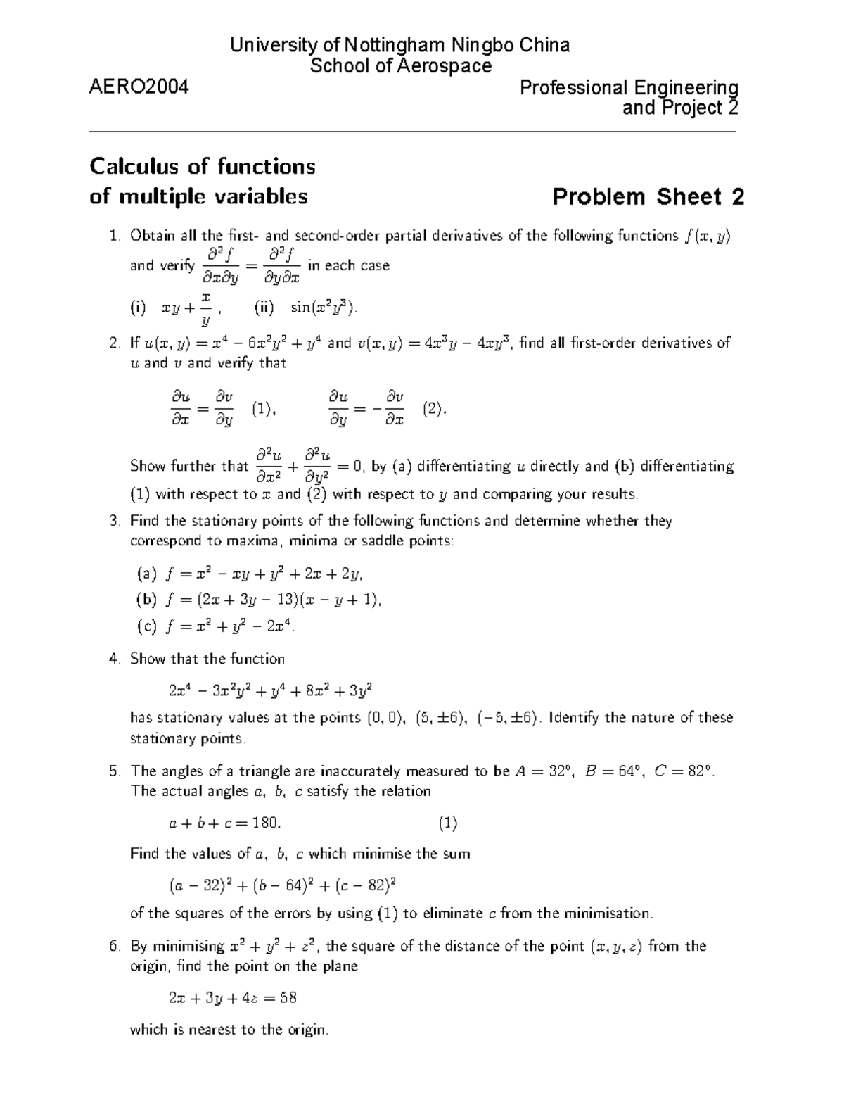 Problem Sheet 2 - math - University of Nottingham Ningbo China School of Aerospace AERO2004 ...