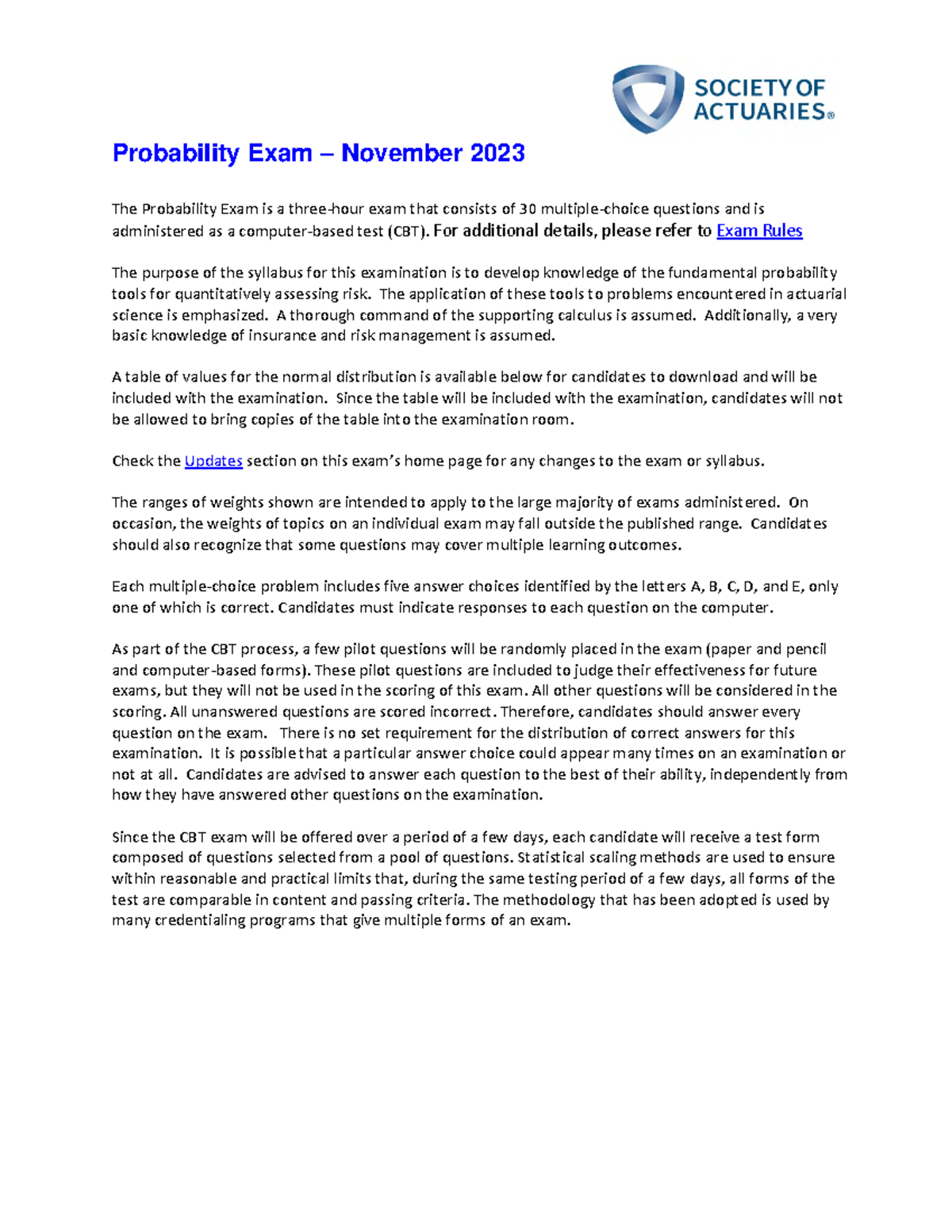 2023 11 exam p syllabus - sc,a;c - Probability Exam – November 2023 The ...
