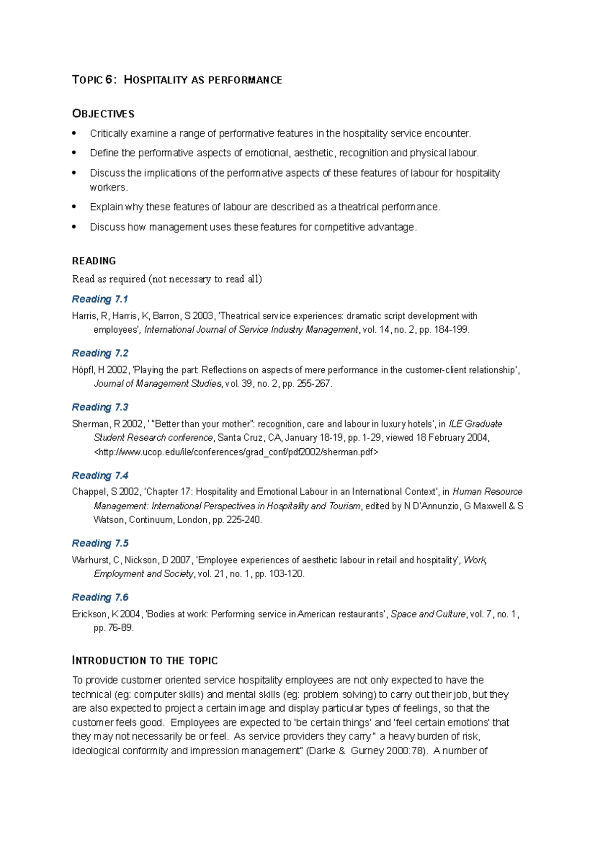 Topic 6 Handout - TOPIC 6: HOSPITALITY AS PERFORMANCE OBJECTIVES ...