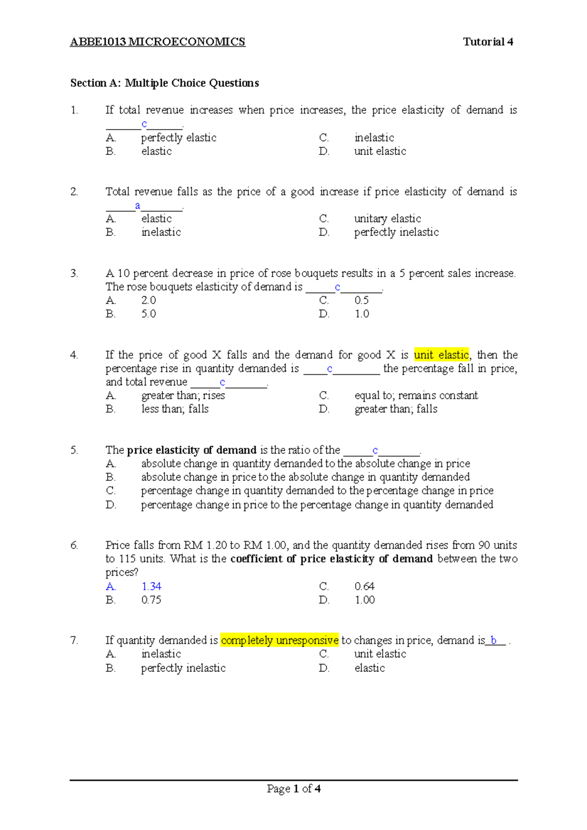 Tutorial 4 (ECON) - MICRO TTR 4 - Section A: Multiple Choice Questions ...