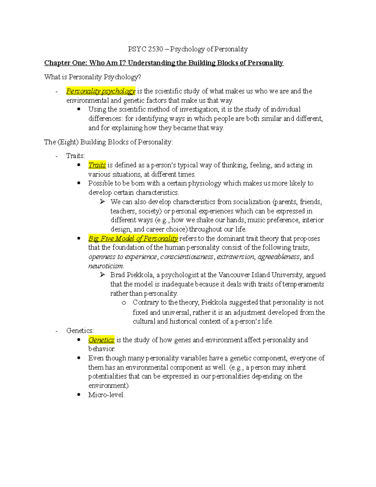 PSYC 2530 (Personality) - Notes - PSYC 2530 – Psychology of Personality ...