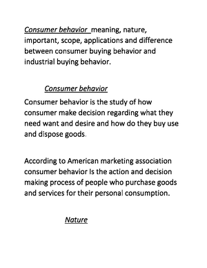 CB notes - BBA:CONSUMER BEHAVIOUR UNIT 1: Introduction To Consumer ...