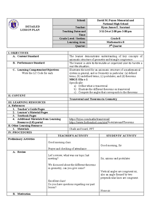 Triangle Inequality Theorem - DETAILED LESSON PLAN School: David M ...
