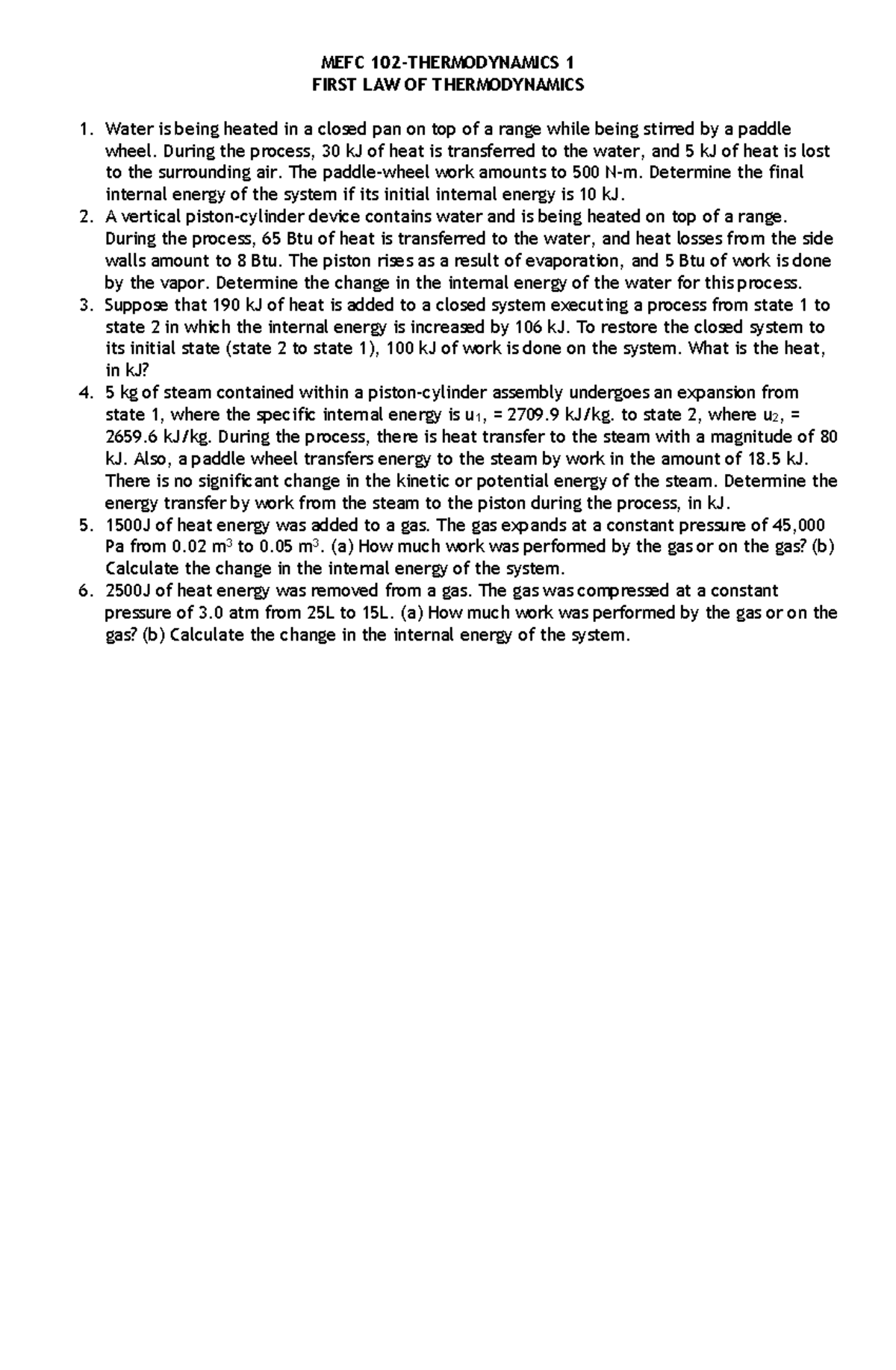 First LAW OF Thermodynamics Sample Problems 01 - MEFC 102 ...