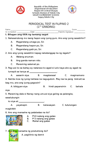 First Quarter TEST MTB 2022 - Republic of the Philippines Department of ...