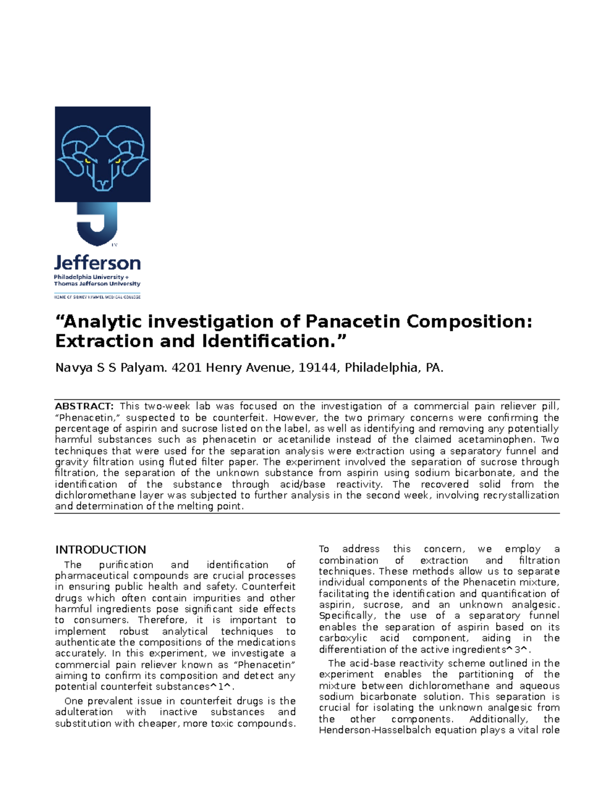 Lab report orgo - “Analytic investigation of Panacetin Composition ...