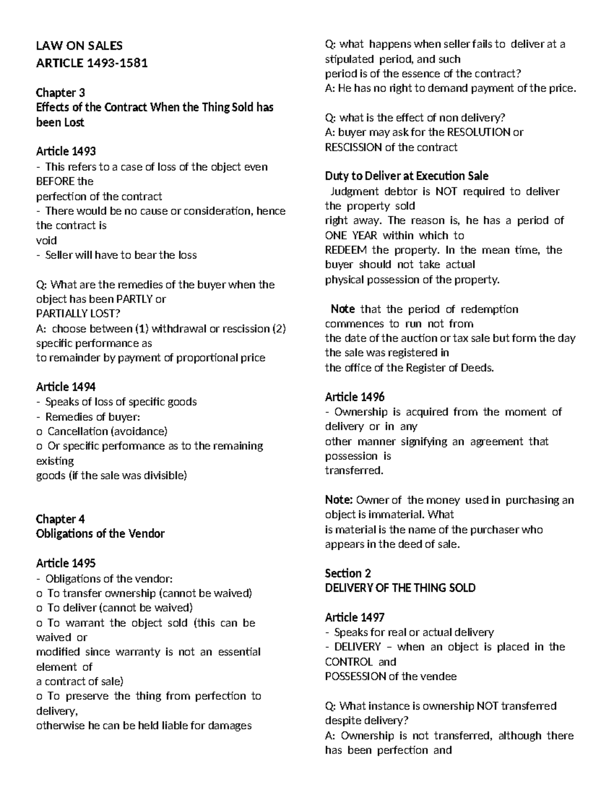 LAW ON Sales - LAW ON SALES ARTICLE 1493- Chapter 3 Effects of the ...